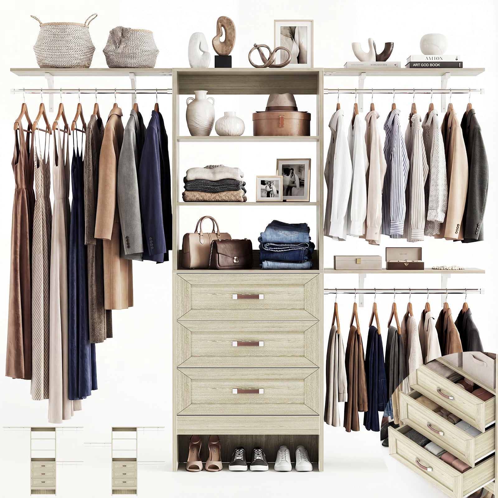 Armocity 8FT Closet System with 3 Wooden Drawers, 20''-96'' Width ...