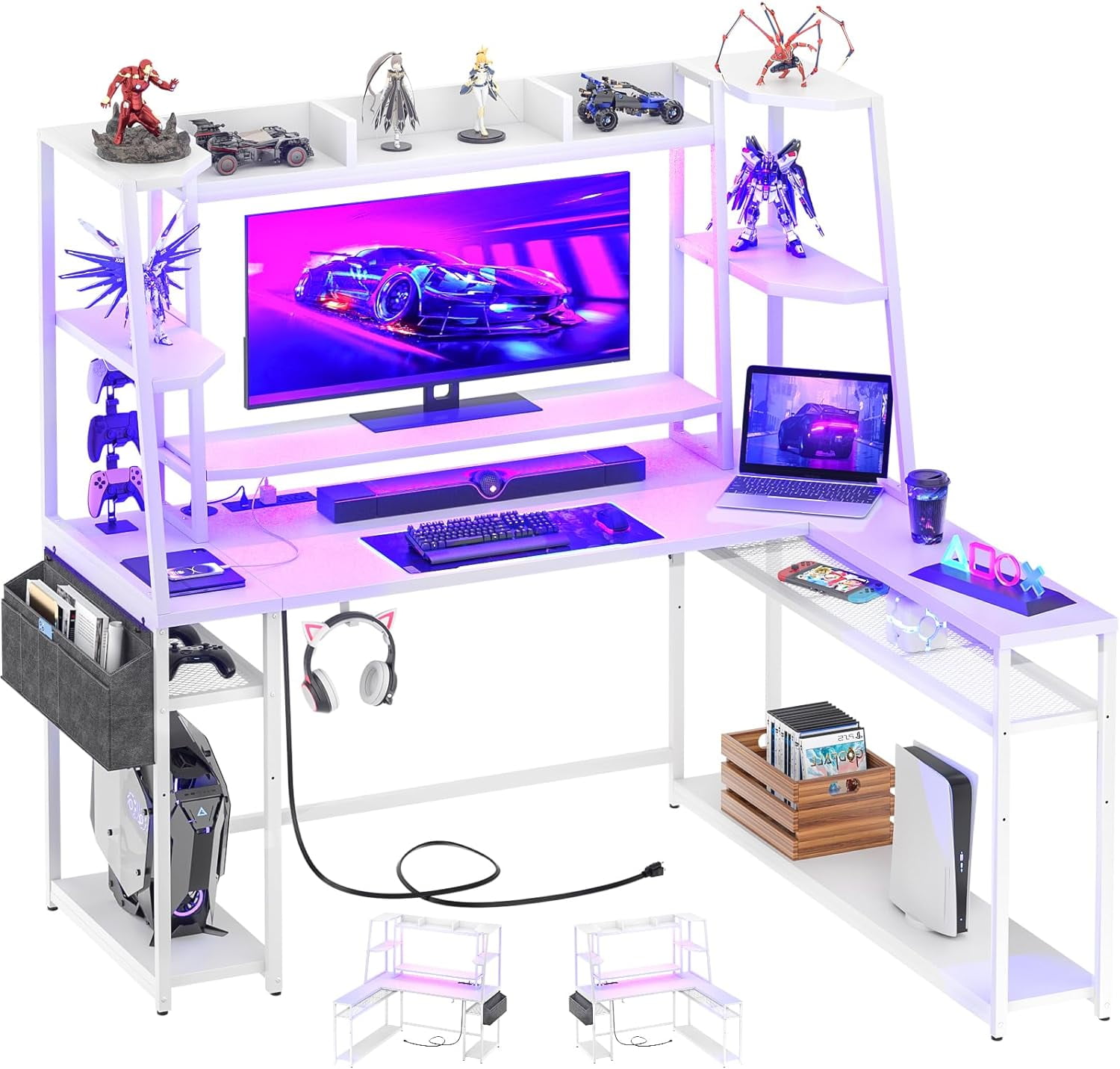 Armocity L Shaped Gaming Desk with Hutch - Gaming Desk with LED Lights ...