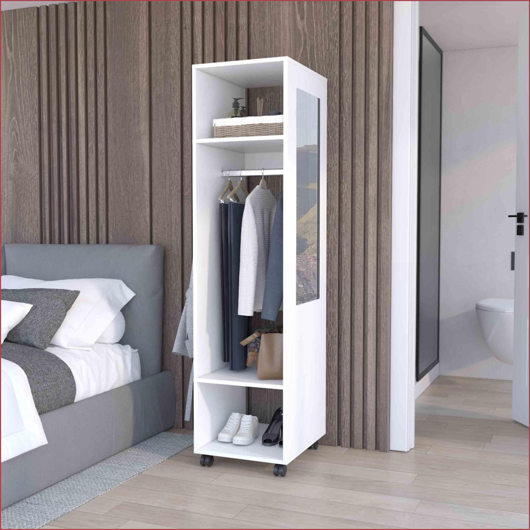 Armoire 63” Tall with Mirror, 3 Shelves, Hanging Rod & Casters | Modern ...