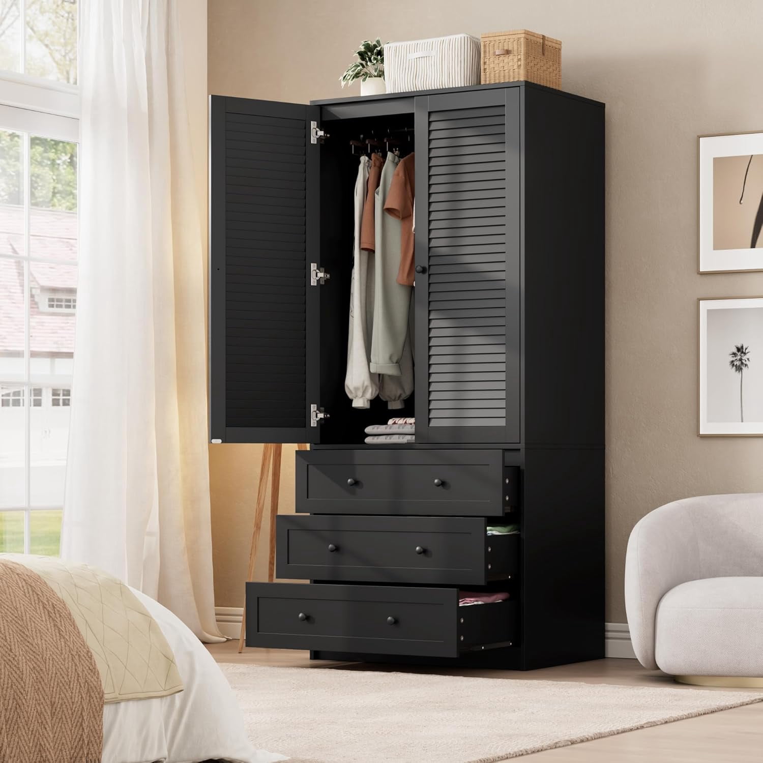 Armoire Wardrobe Closet with 2 Doors,Wardrobe Cabinet with 3 Drawers ...