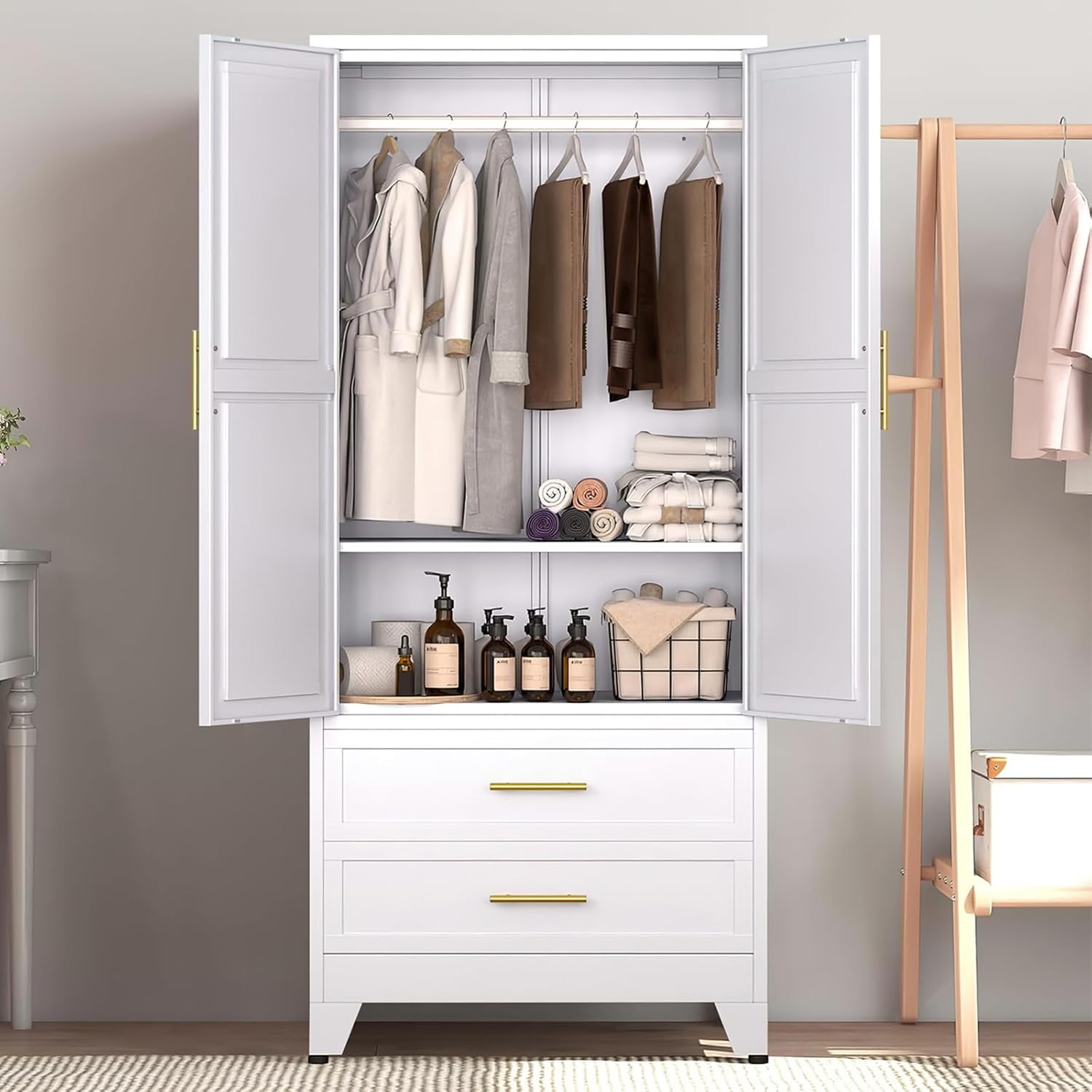 Armoire Wardrobe Closet, Freestanding Door Tall Clothing Storage with ...
