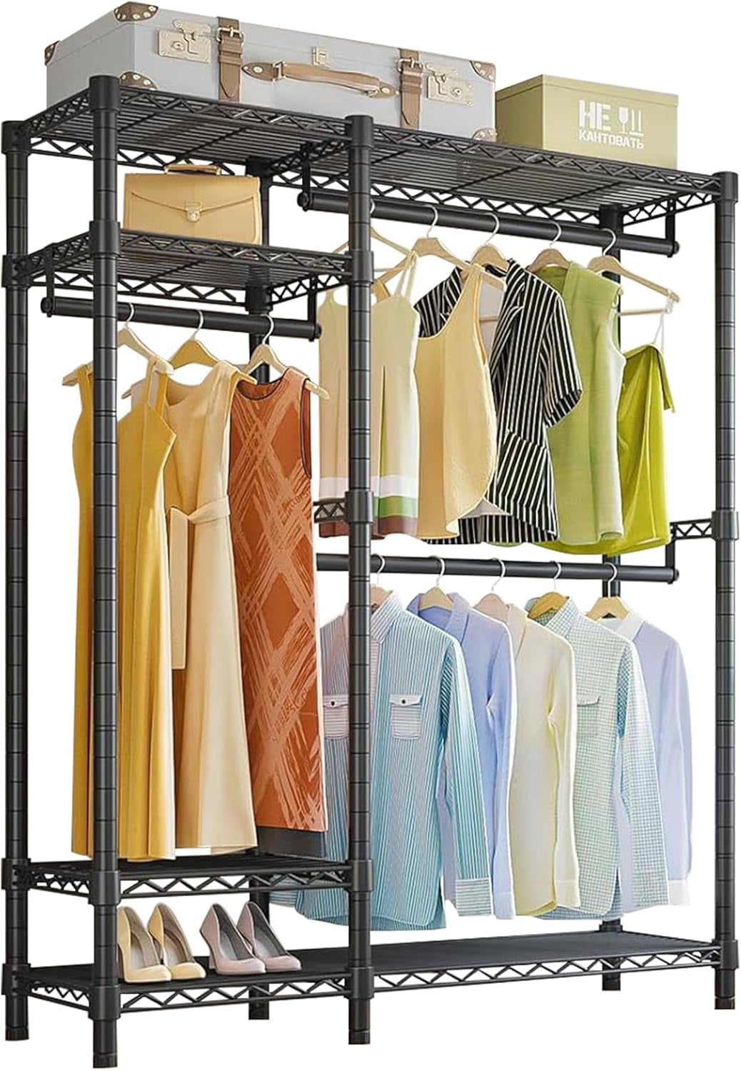 Armoire Wardrobe Closet Metal Cabinet and Clothes Rack with 4 Tiers & 3 ...
