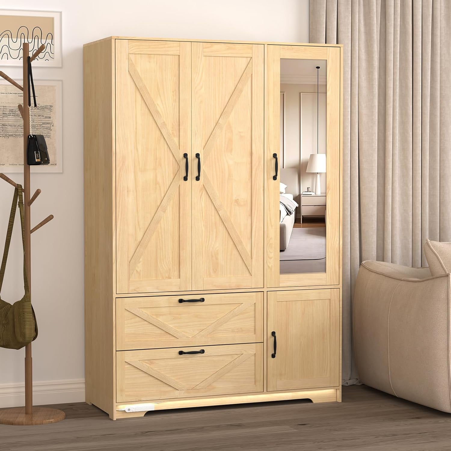 Armoire Wardrobe Closet with Mirror and 2 Drawers, 72'' Bedroom Armoire ...