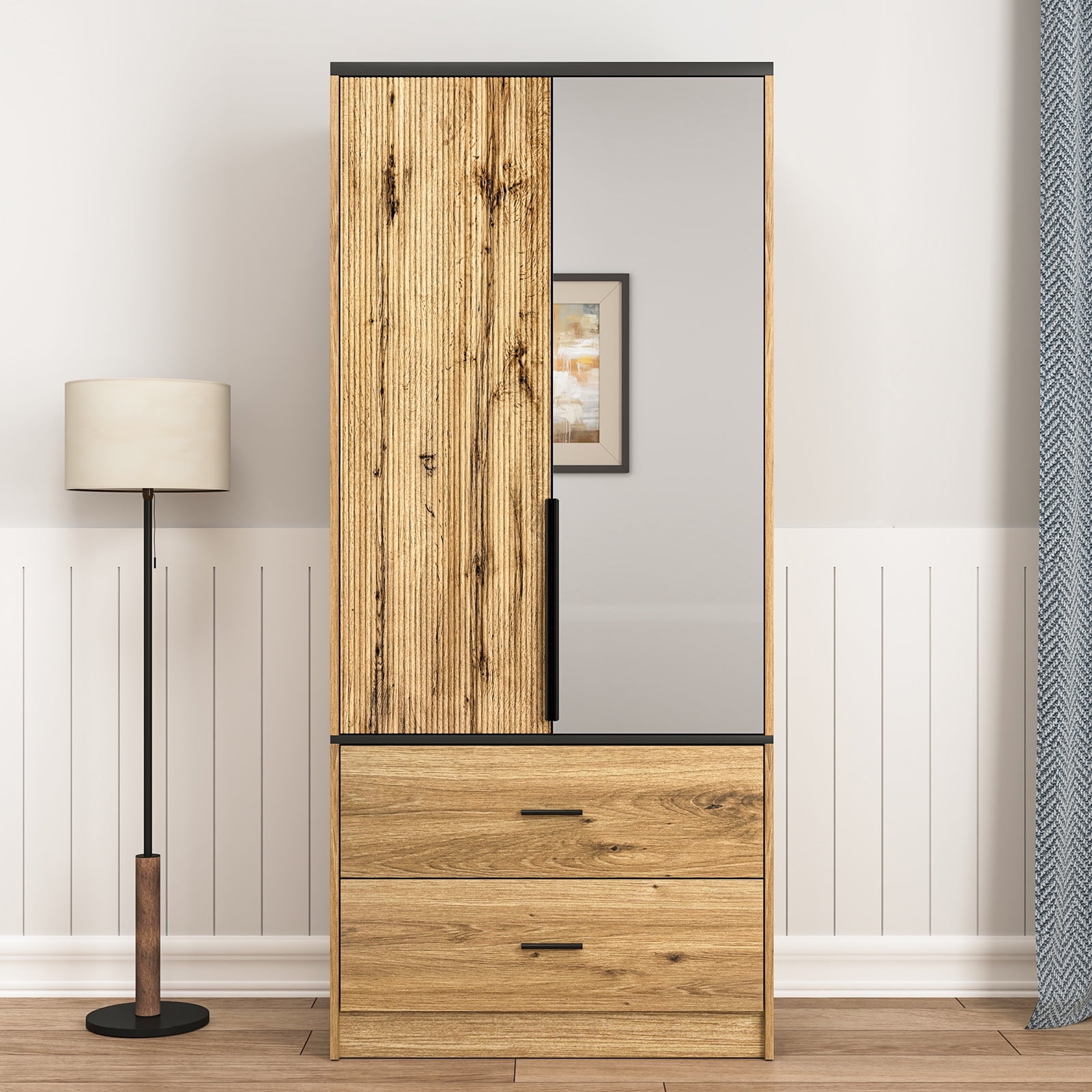 Armoire Wardrobe Closet with Mirror and 2 Drawers, 72'' Bedroom Armoire ...