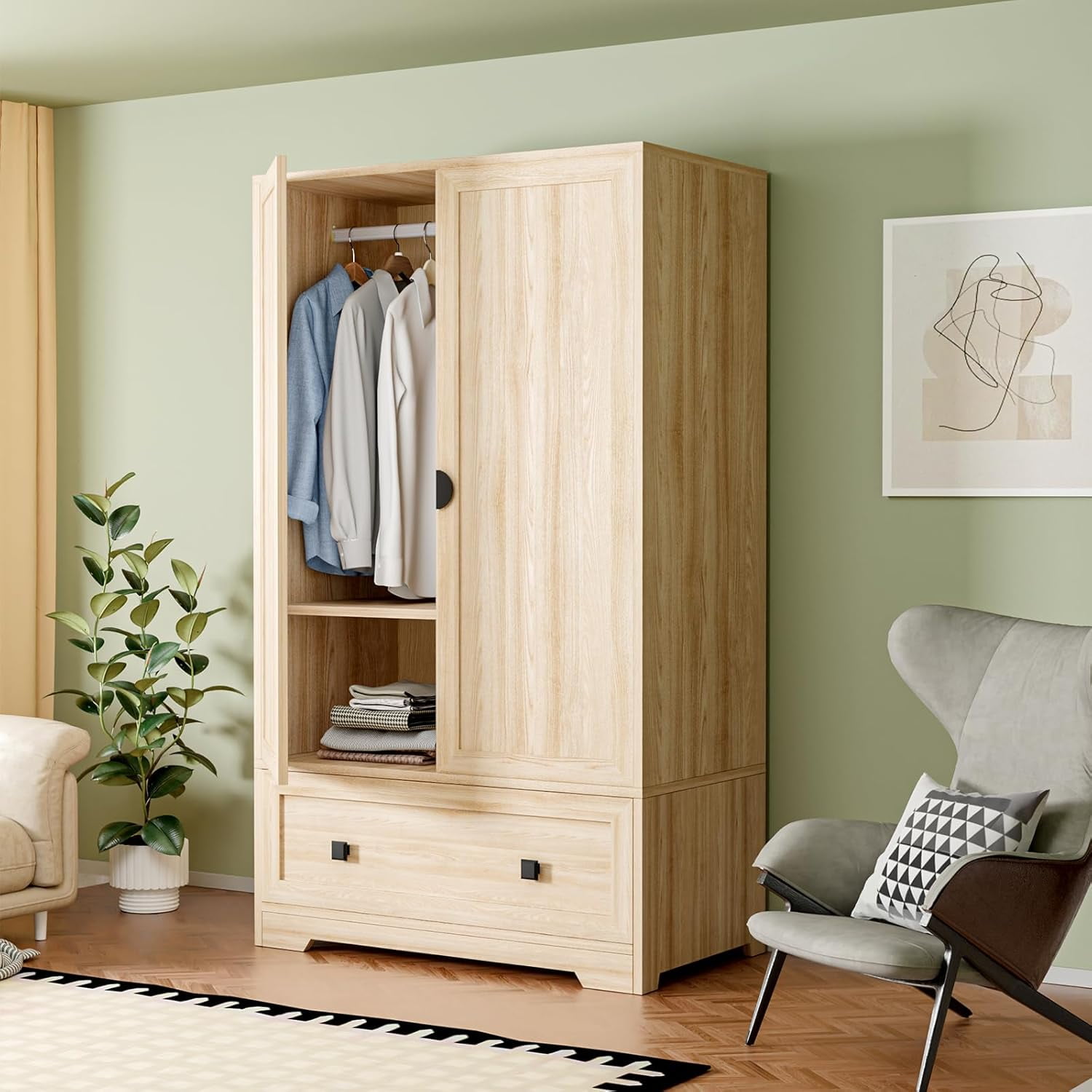 Armoire Wardrobe Closet With Doors, Hanging Rod, Shelves and Drawer ...