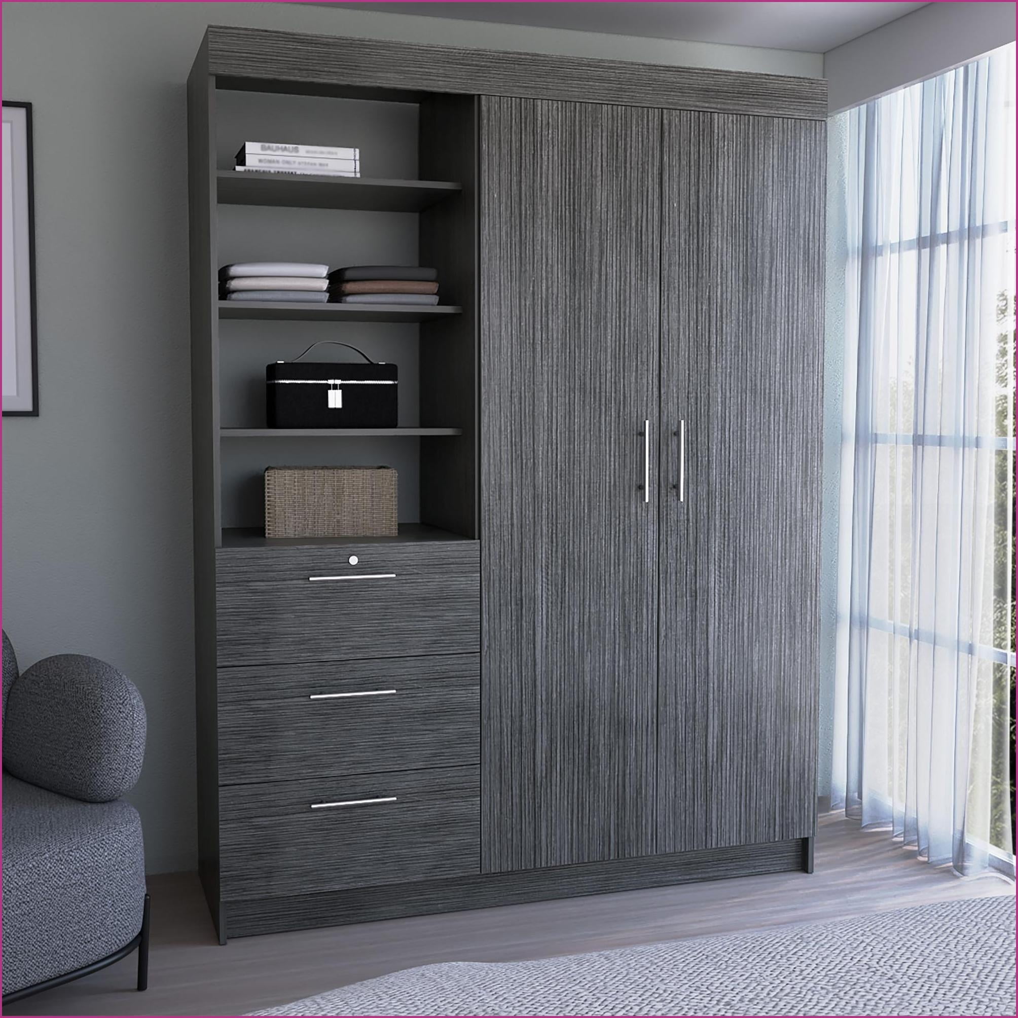 Armoire with 3-Tier Shelves, 3 Drawers & Metal Handles, Smokey Oak ...