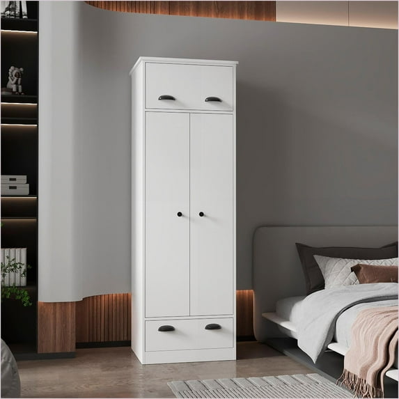 Armoire with Double Doors, Hanging Rod & 1 Drawer | White | Engineered ...