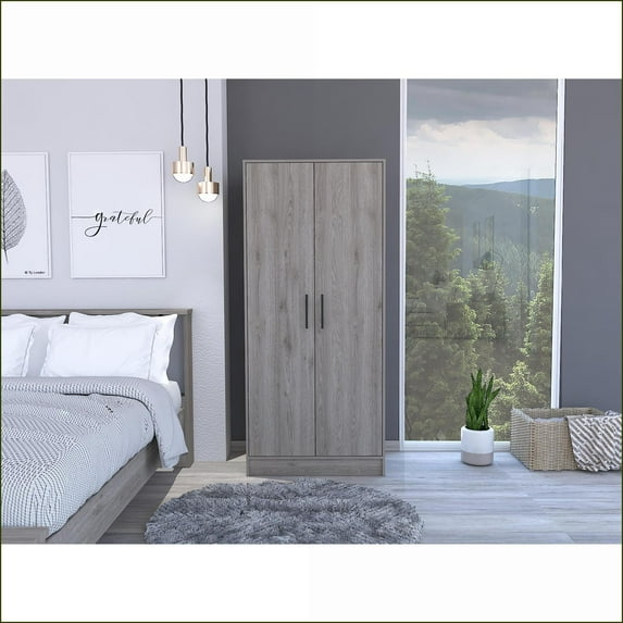 Armoires: 71” Light Gray Double Door with Shelves, Hanging Rod & Drawer ...