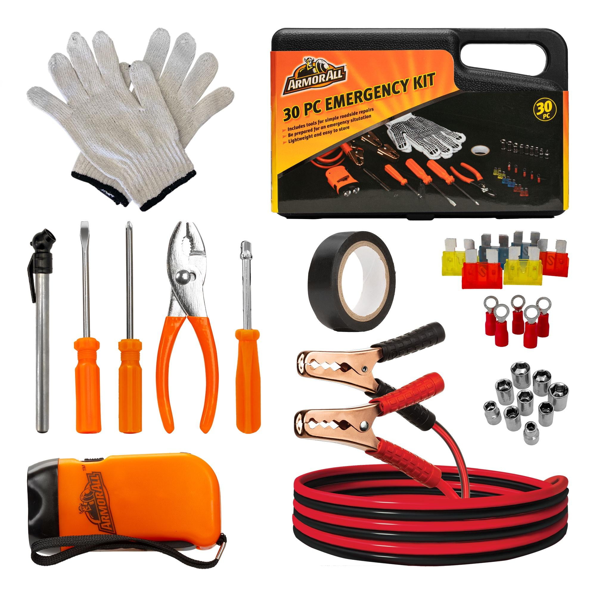 Armor All 30pc Roadside Emergency Kit - Gloves, Tools, Flashlight, Car Fuses, Tape, Socket Heads ...