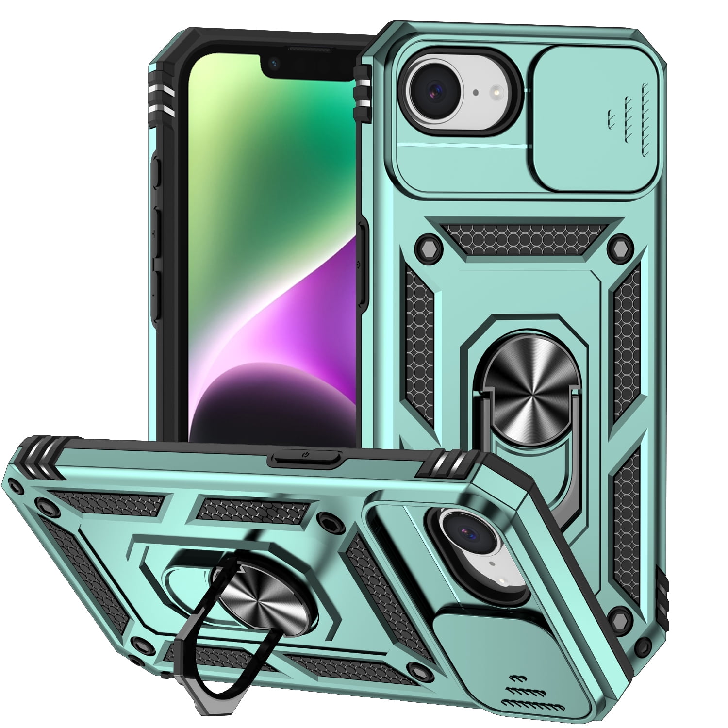 Armor Case for iPhone 16e with Camera Lens Sliding Cover & Ring Stand ...