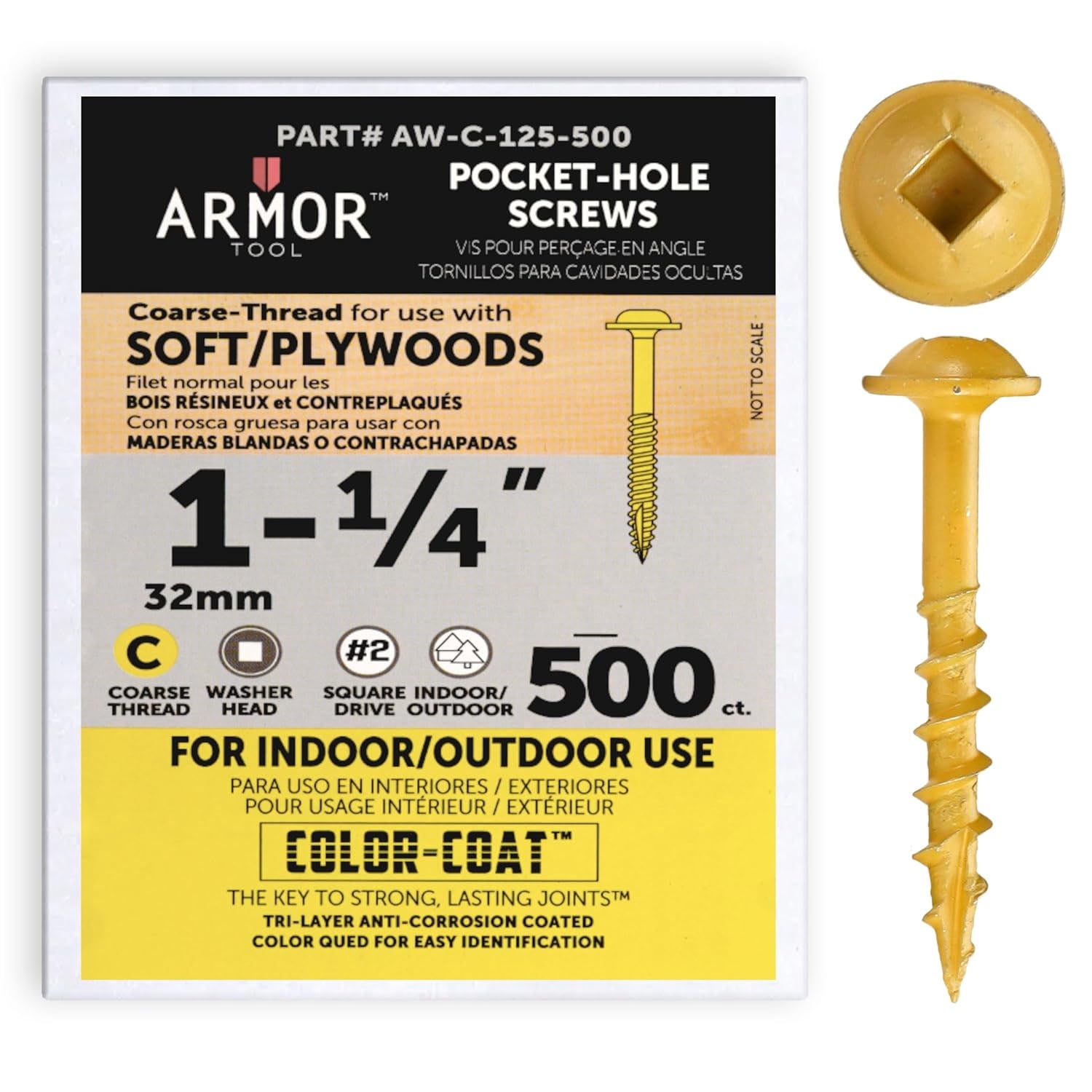 Armor Tool 1-1/4" Coarse Thread Pocket Hole Screws with Color Coat ...