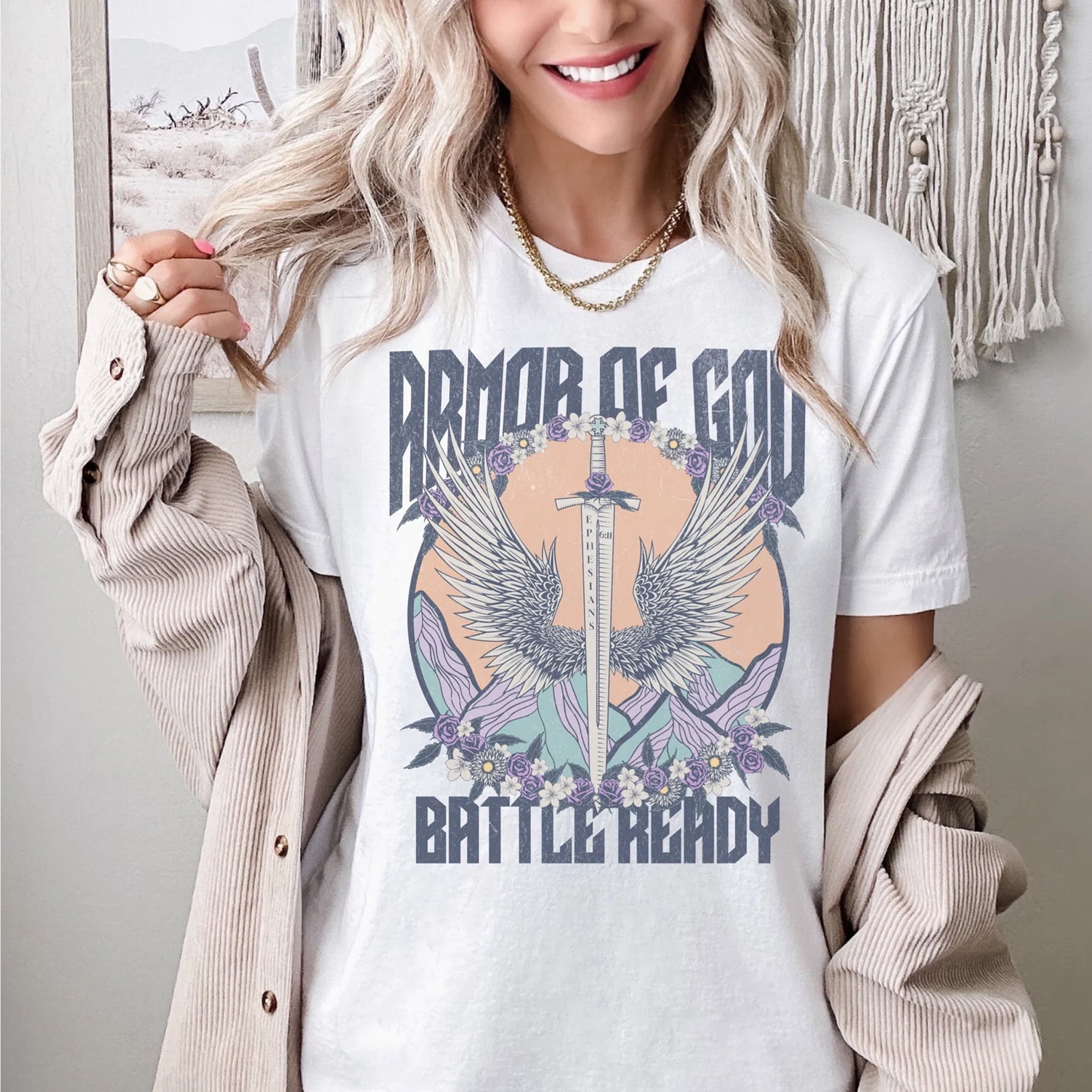 "Armor of God, Battle Ready" T-Shirt – Christian Faith Graphic Tee with Sword, Wings & Ephesians ...