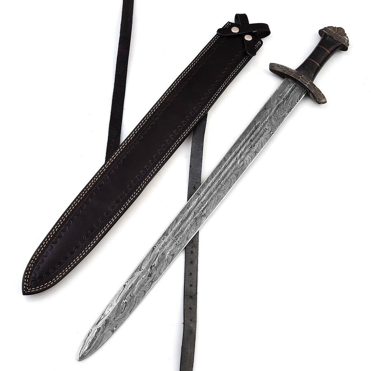 Armory Replicas Damascus Steel Sword - Triple Fuller Blade, Leather ...