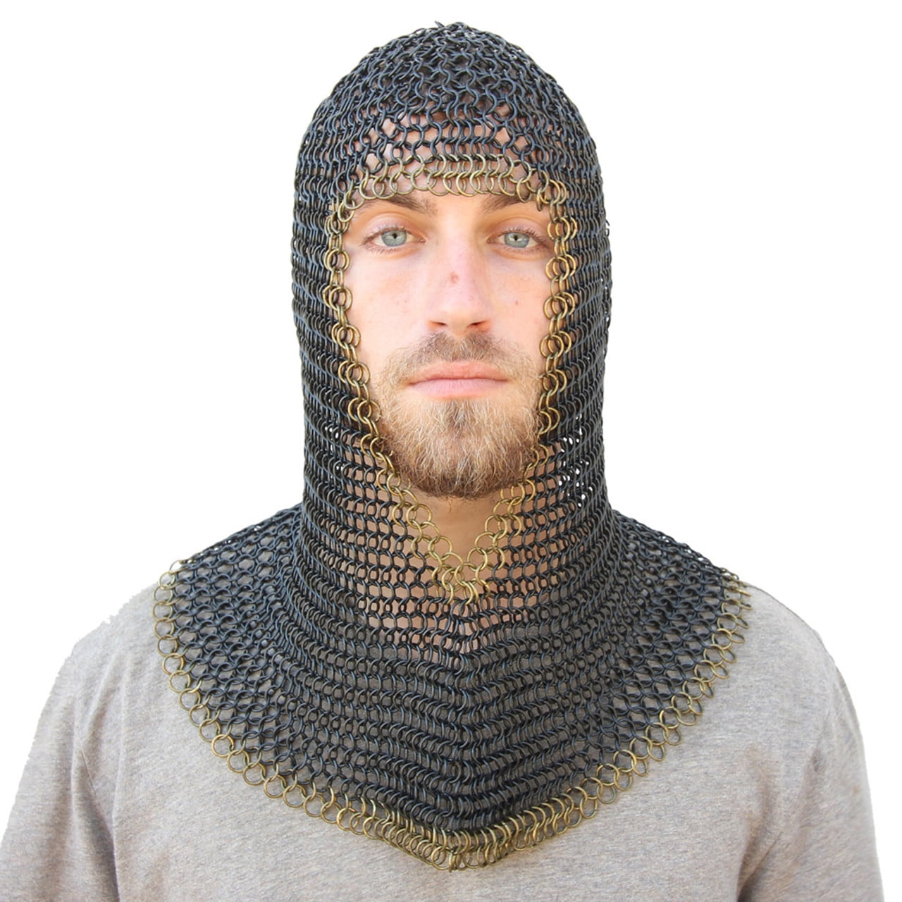 Armory Replicas Medieval Chainmail Coif Armor - 16 Gauge Blackened Steel with Brass Edges ...