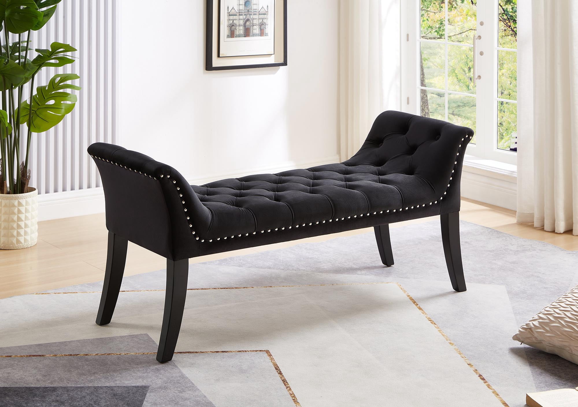 Armrest Button-Tufted Ottoman Bench, Upholstered Footrest Stool ...