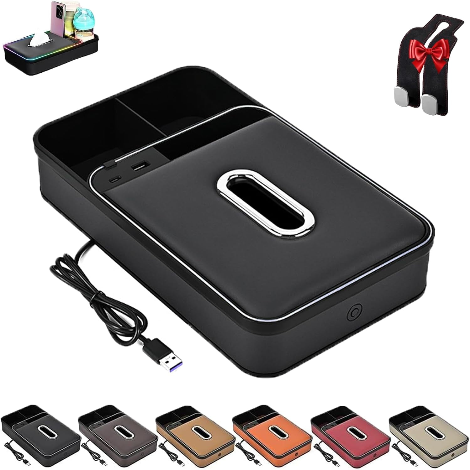 Armrest Storage Box with LED Ambient Light, Center Console Cover with 7 ...