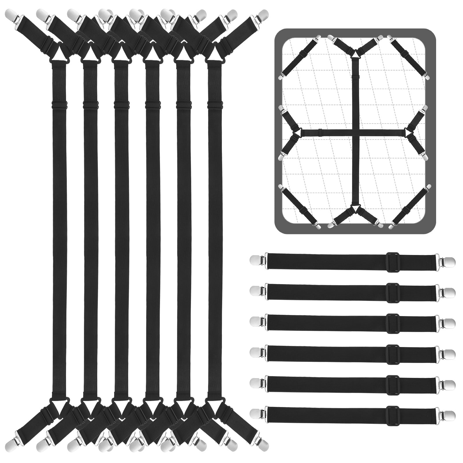 Armscye 12 Pack Adjustable 2 Way Bed Sheet Straps Clips, Elastic Bed ...