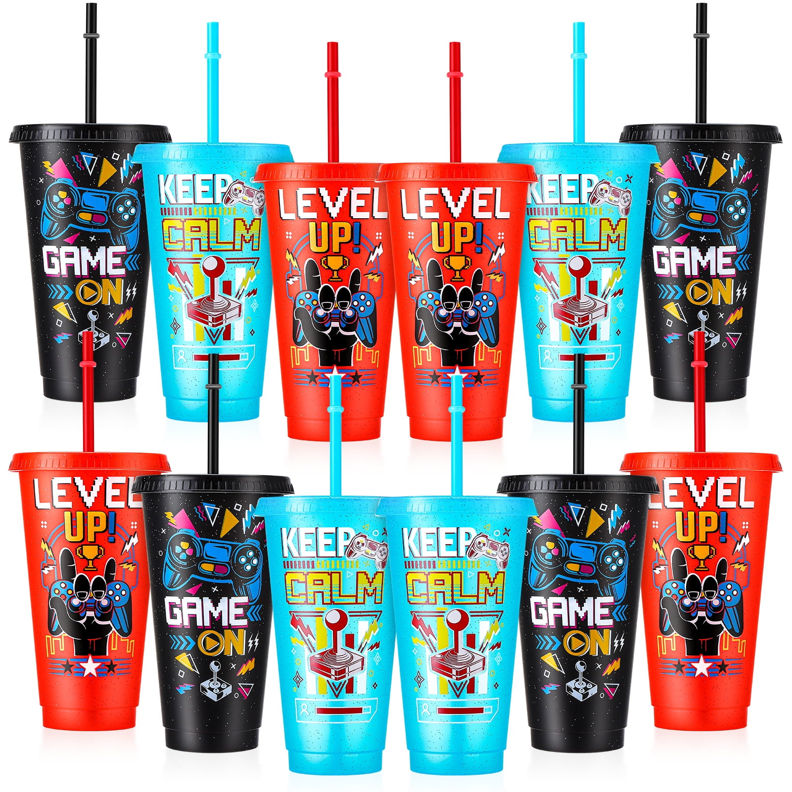 Armscye 12 Pcs Video Game Party Cups, 24 oz Plastic Tumblers with Lids ...