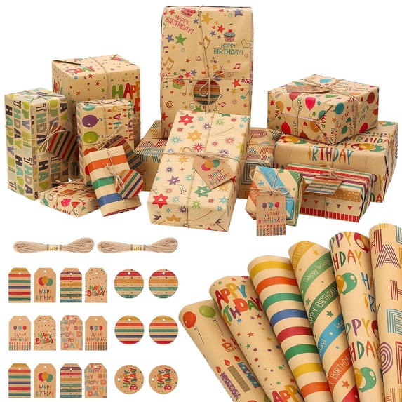 Armscye 12 Sheets Birthday Gift Wrap Paper with Tags, Kraft Birthday ...