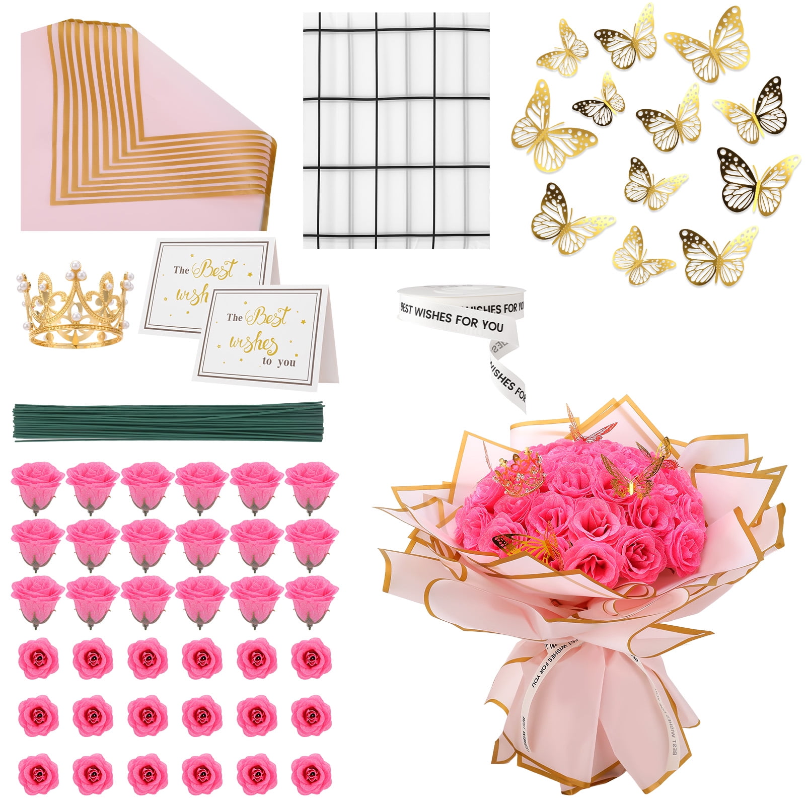 Armscye 36 Pack Artificial Glitter Roses Bouquet, Pink Flowers DIY Kit ...