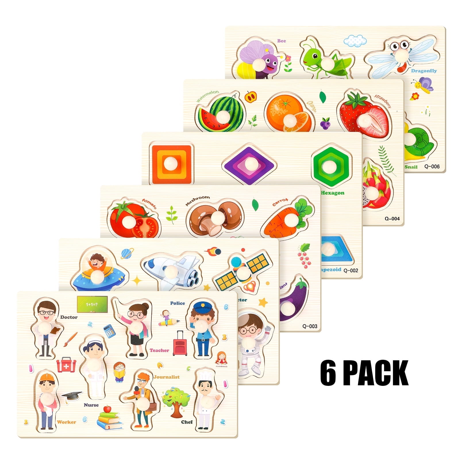 Armscye Wooden Peg Puzzles 6 Pack for Toddlers 9 x 6 inch Preschool ...