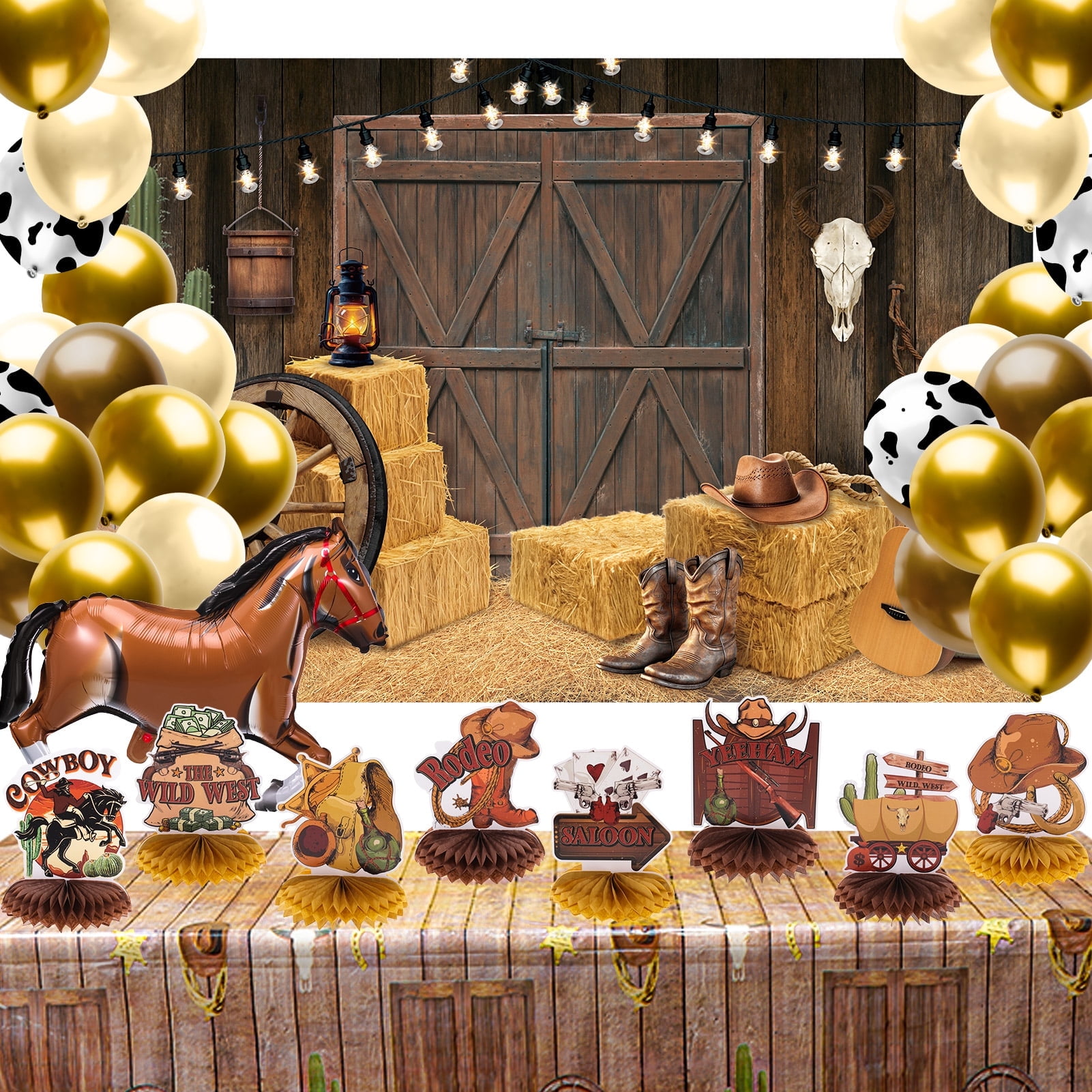 Armscye 61 Pcs Western Cowboy Party Decorations Cowboy Birthday Decorations Includes Horse Racing Cowboy Balloons Tablecloth Desktop Decorative