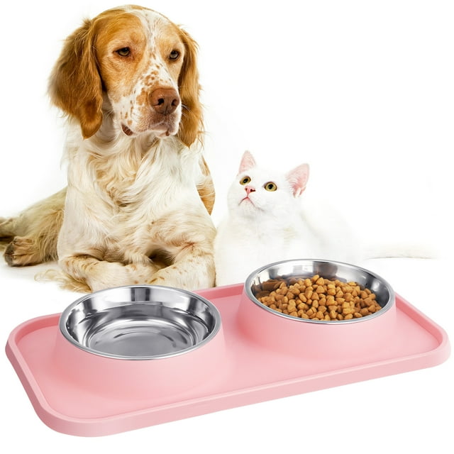 Armscye 2 Pcs Pink Stainless Steel Dog Bowls with No-Spill Silicone Mat ...