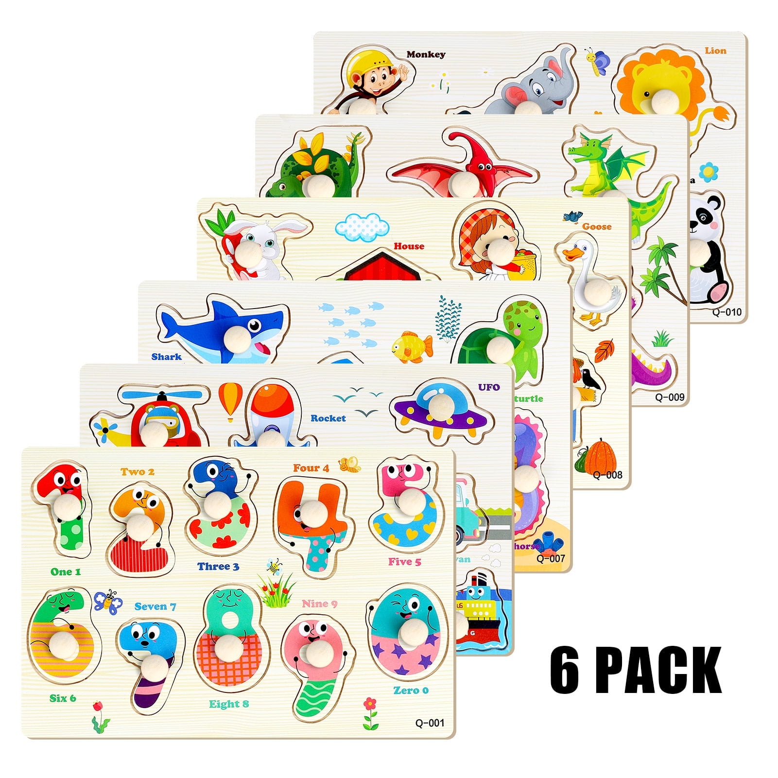 Armscye Educational Wooden Peg Puzzles for Kids 2-4, 6 Pack - Animals, Dinosaurs, Farms, Ocean ...