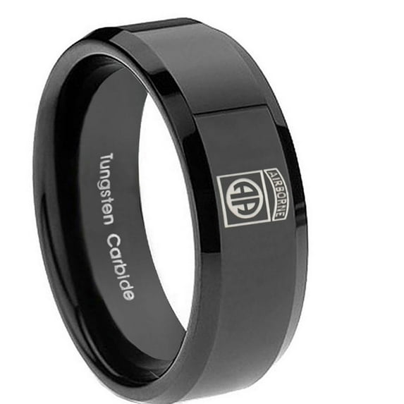 Tungsten Army Airborne 8mm Black Polished Beveled Edges Men's Ring ...