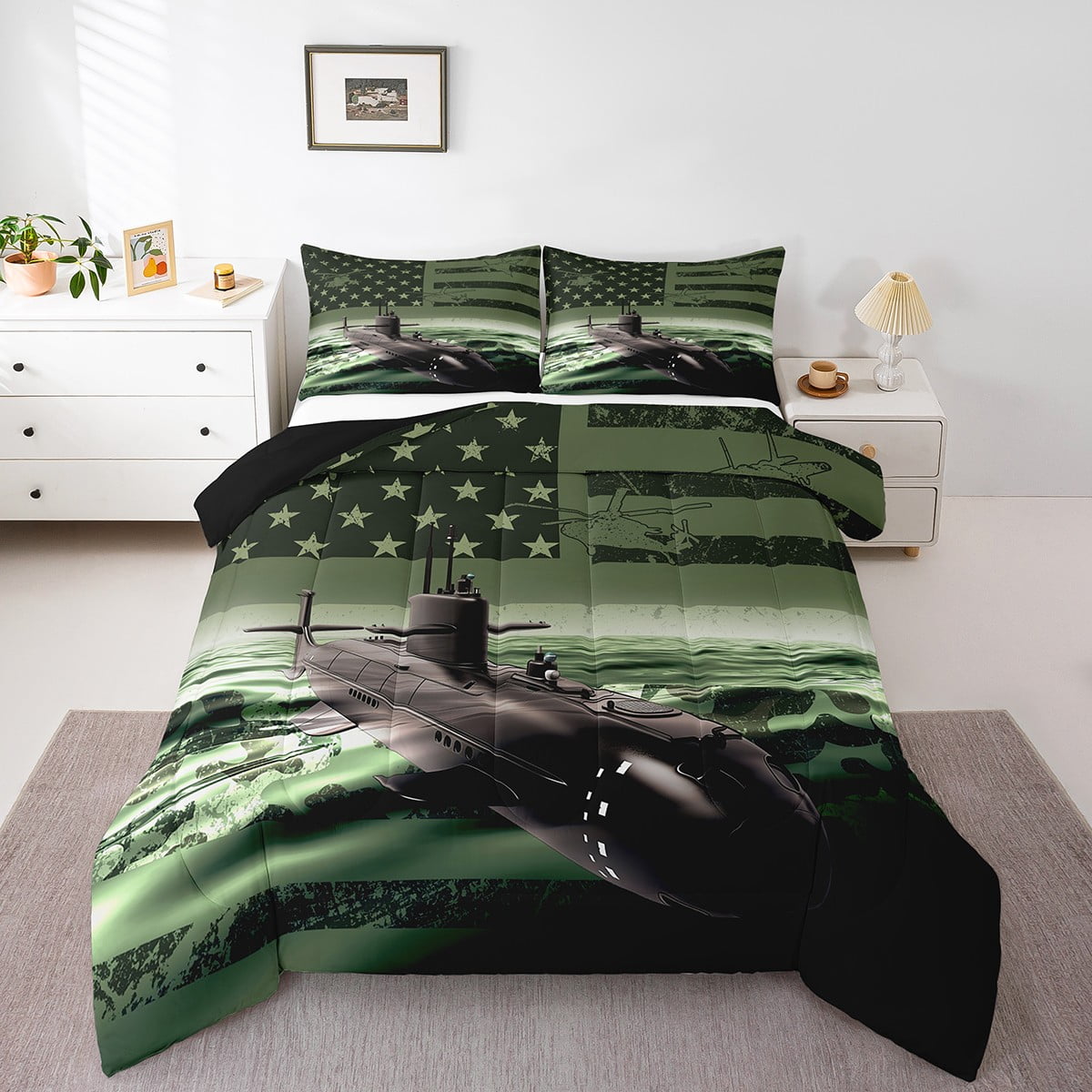 Army Aircraft Comforter Set, Camo American Flag Bedding Queen Size ...
