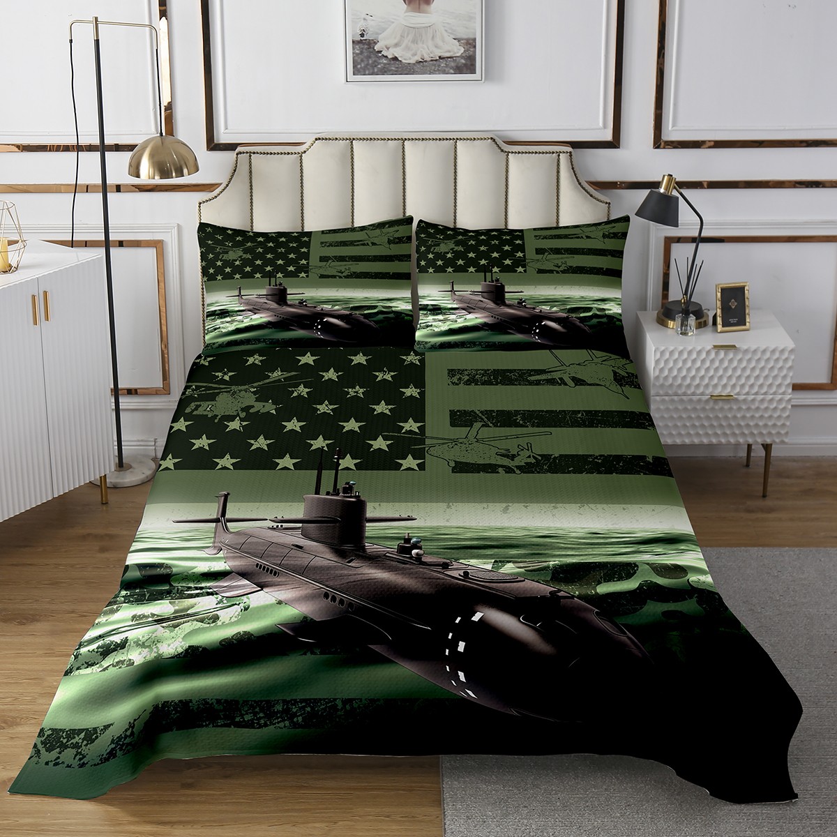 Army Aircraft Coverlet Set, Camo American Flag Quilts Queen Size ...