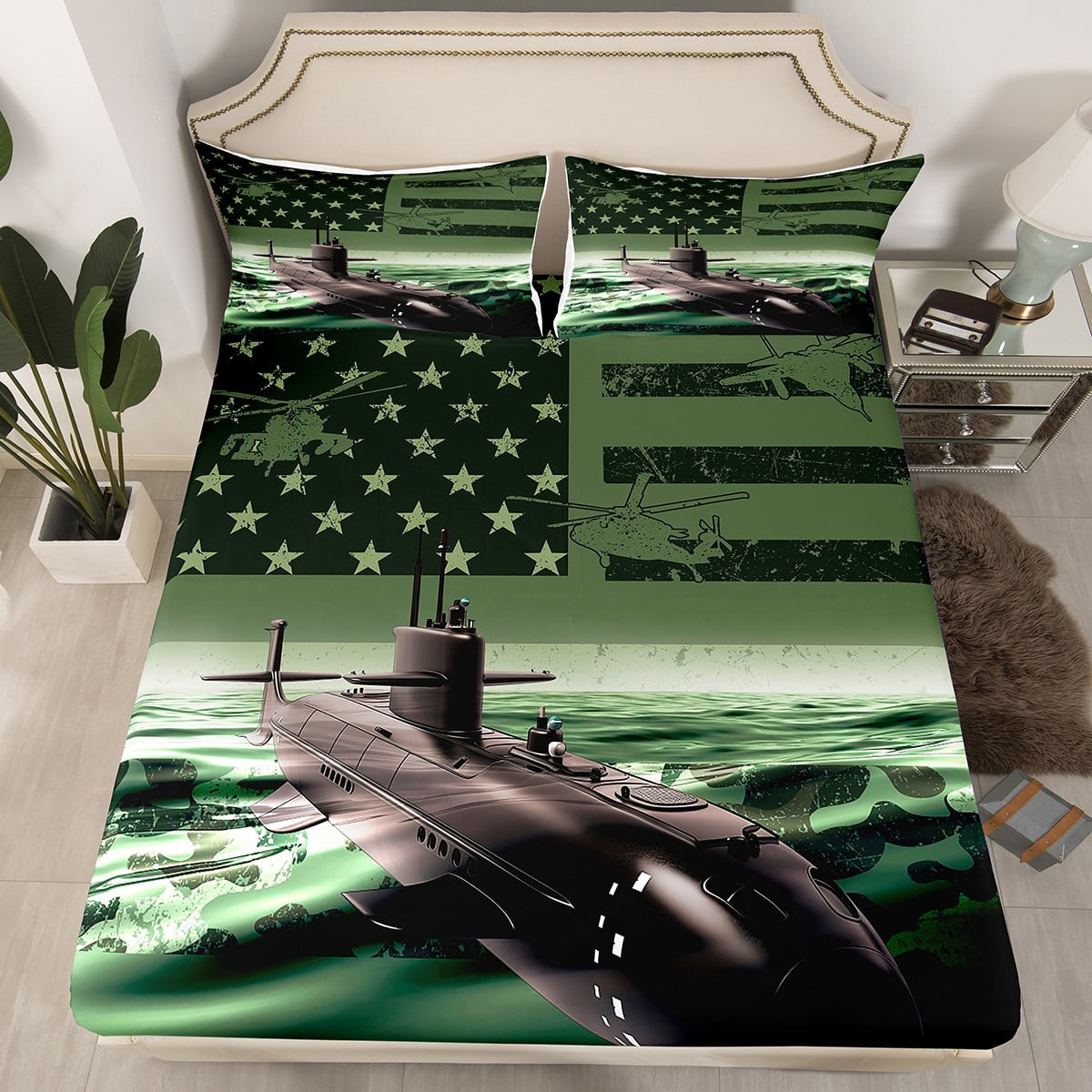Army Aircraft Fitted Sheet, Camo American Flag Bedding Set Twin Size ...