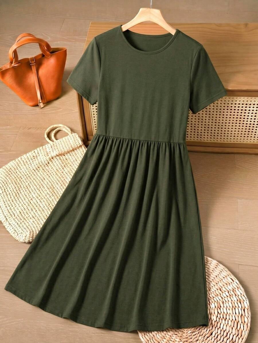 Army Green A-Line Short Sleeve Round Neck Dress For Women - Walmart.com