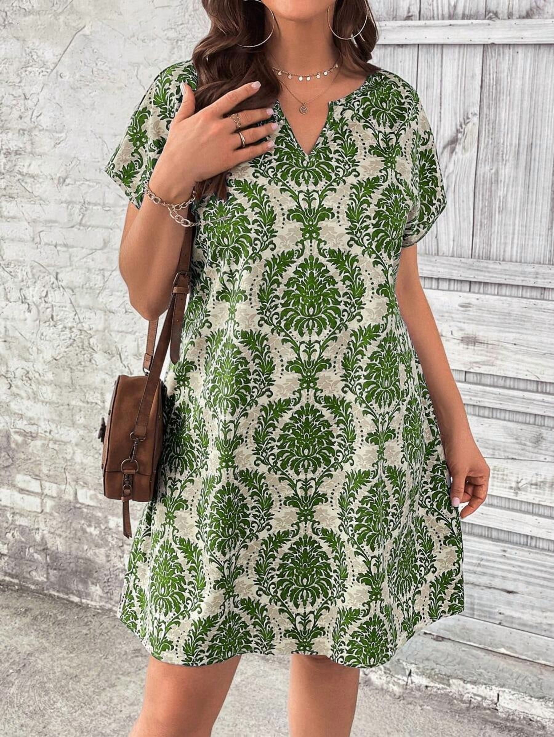 Army Green Allover Damask Print Notched Neck Batwing Sleeve A-Line ...