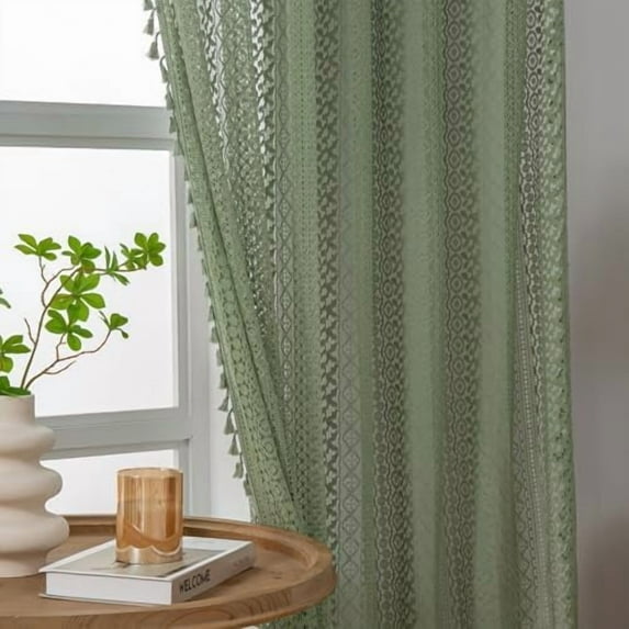 Army Green Boho Cotton Blend Crochet Lace Curtains 2 Panels Set Rod ...