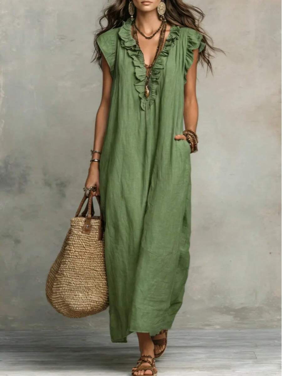 Army Green Boho Maxi Dress With Ruffle Sleeve V-Neck Loose Fit Flowy ...