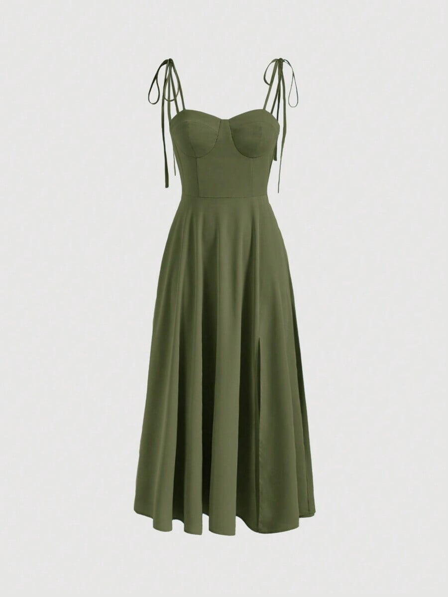 Army Green Bustier Waist Tie-Shoulder Midi Cami Dress For Women ...