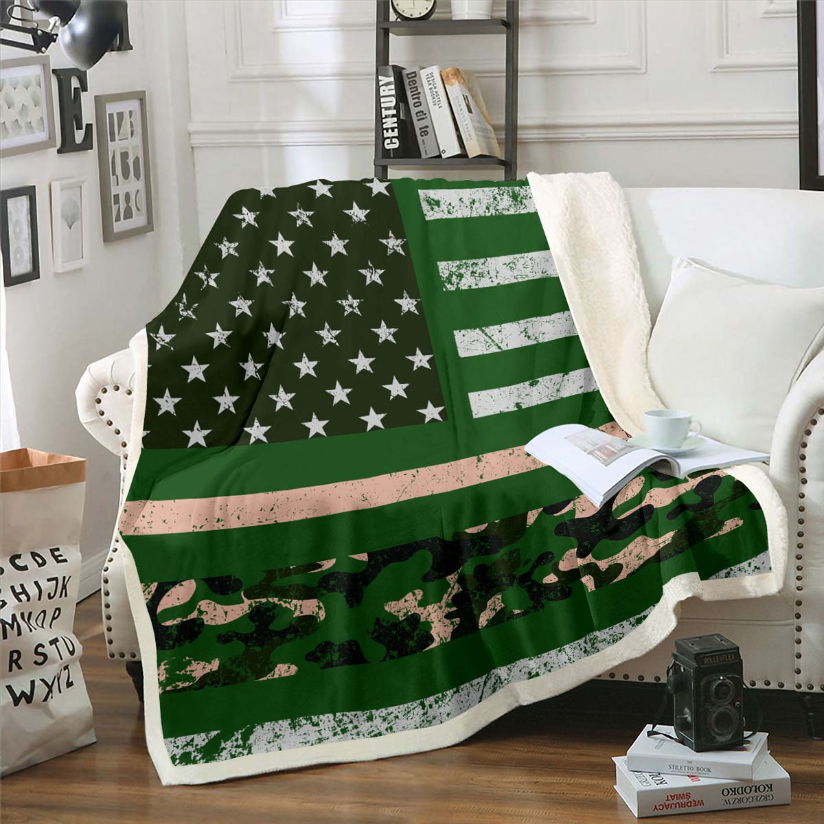 Army Green Camo Blanket American Flag Fuzzy Blanket for Soldier Men ...