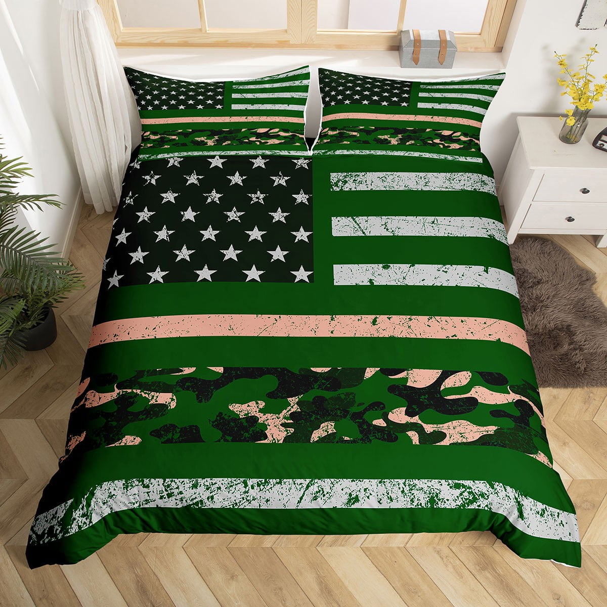 Army Green Camo Comforter Cover American Flag Bedding Set for Soldier ...