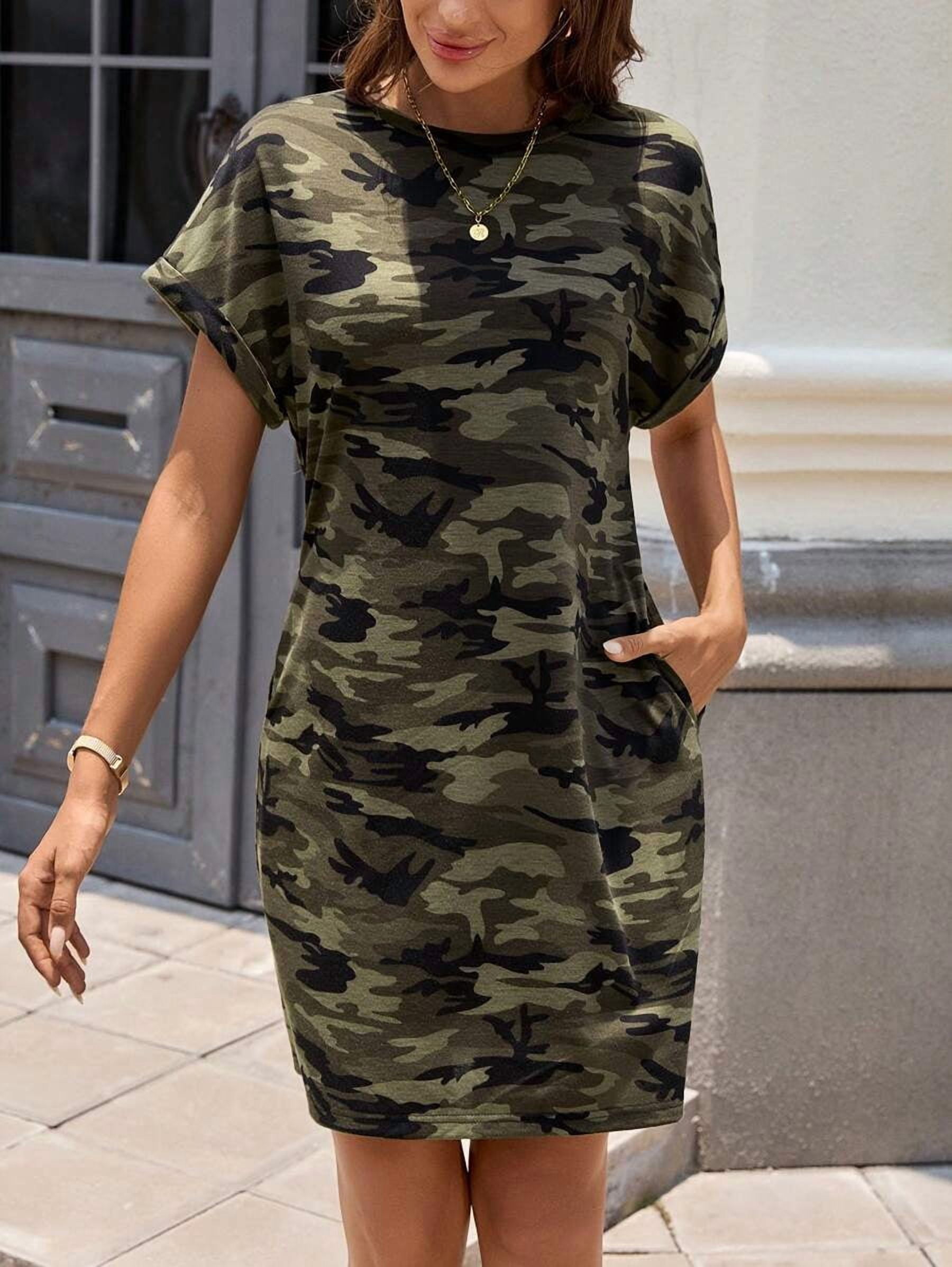 Army Green Camo Print Loose Drop Shoulder Round Neck T-Shirt Dress For ...