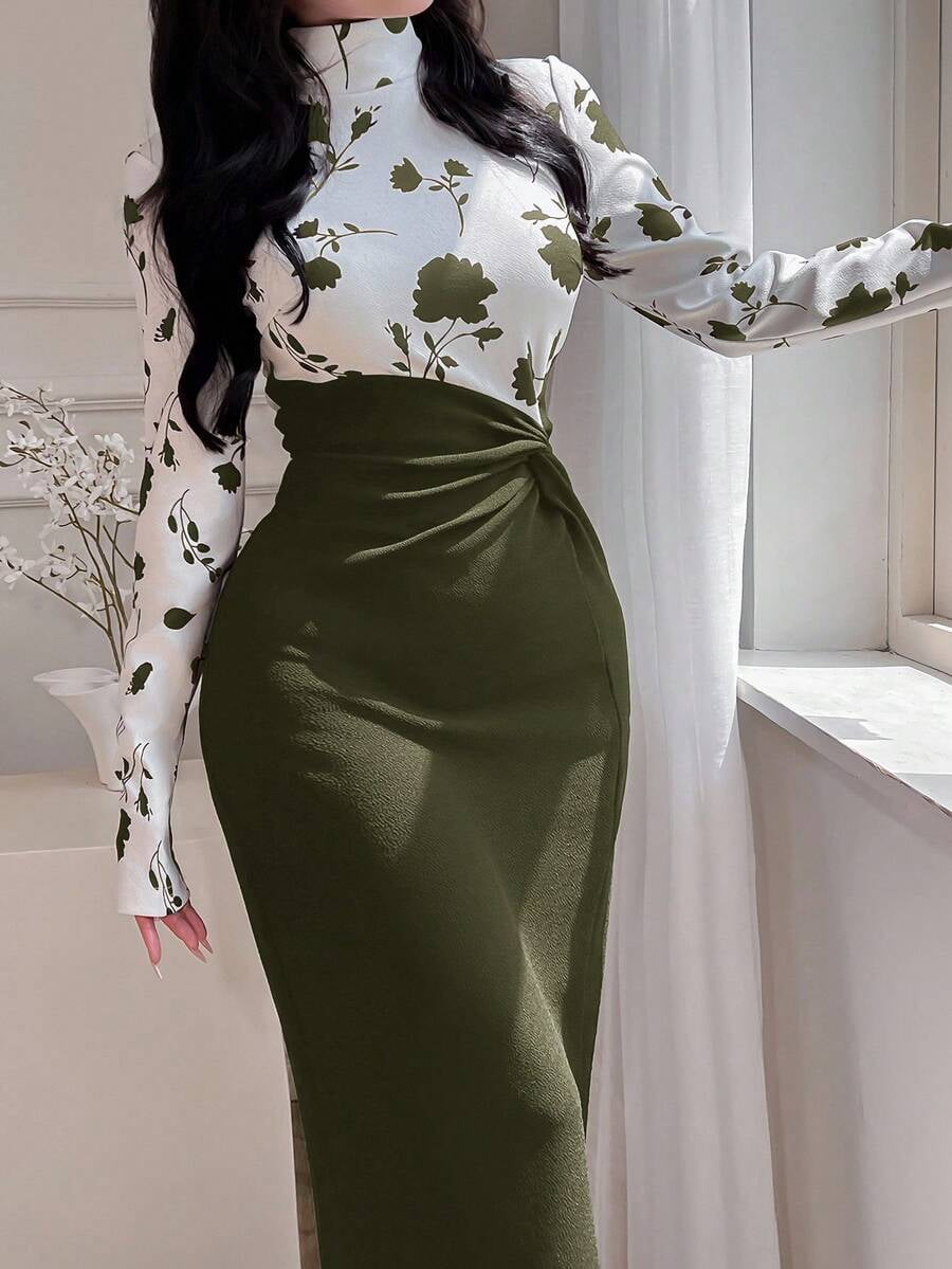 Army Green Floral Print High Neck Long Sleeve Slim-Fit Maxi Dress For ...