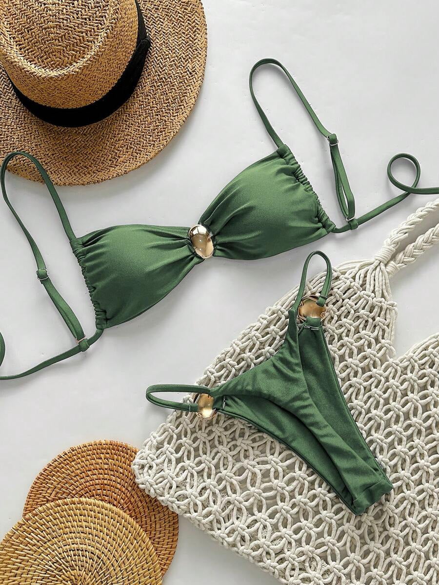 Army Green Gold-Tone Circle Embellished Spaghetti Strap Bikini Set For ...