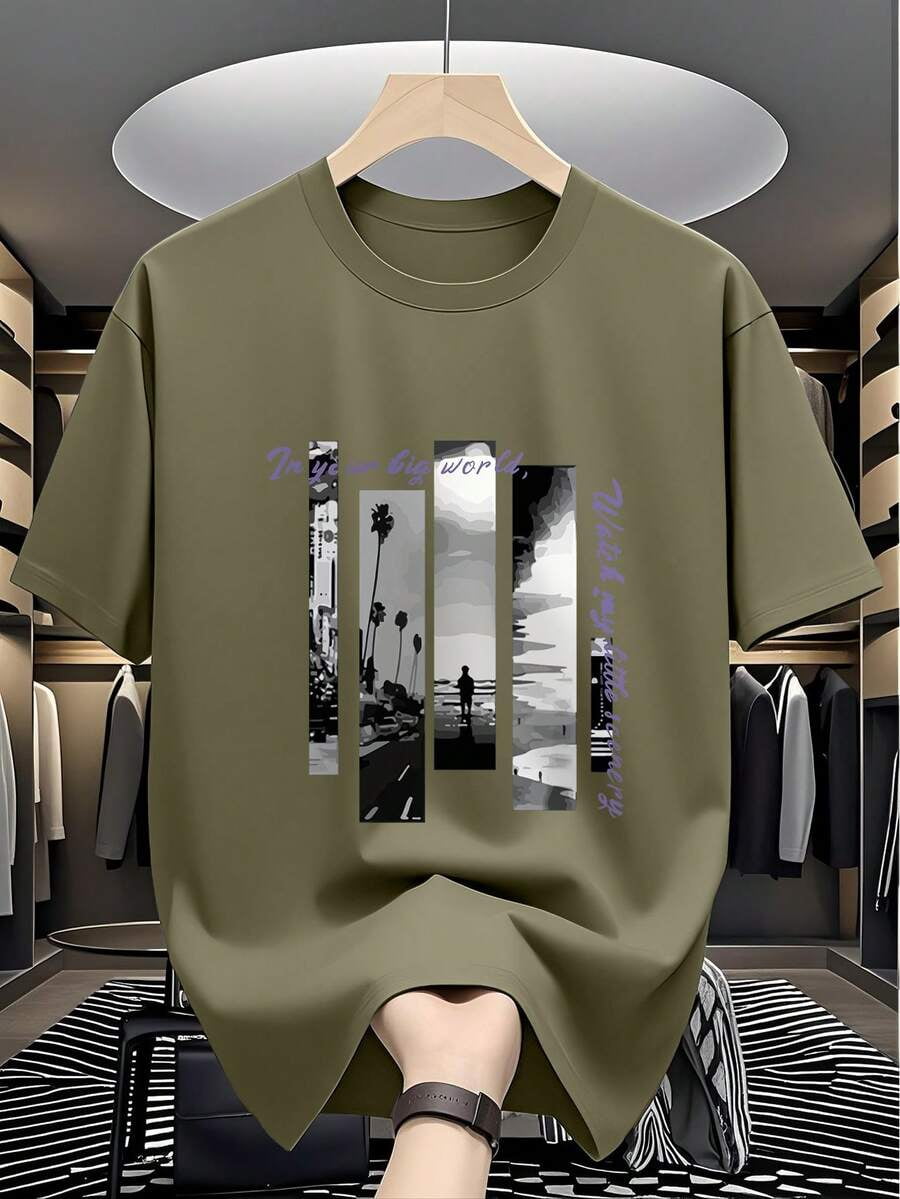 Army Green Graphic Print Crew Neck Oversized T-Shirt For Men - Walmart.com