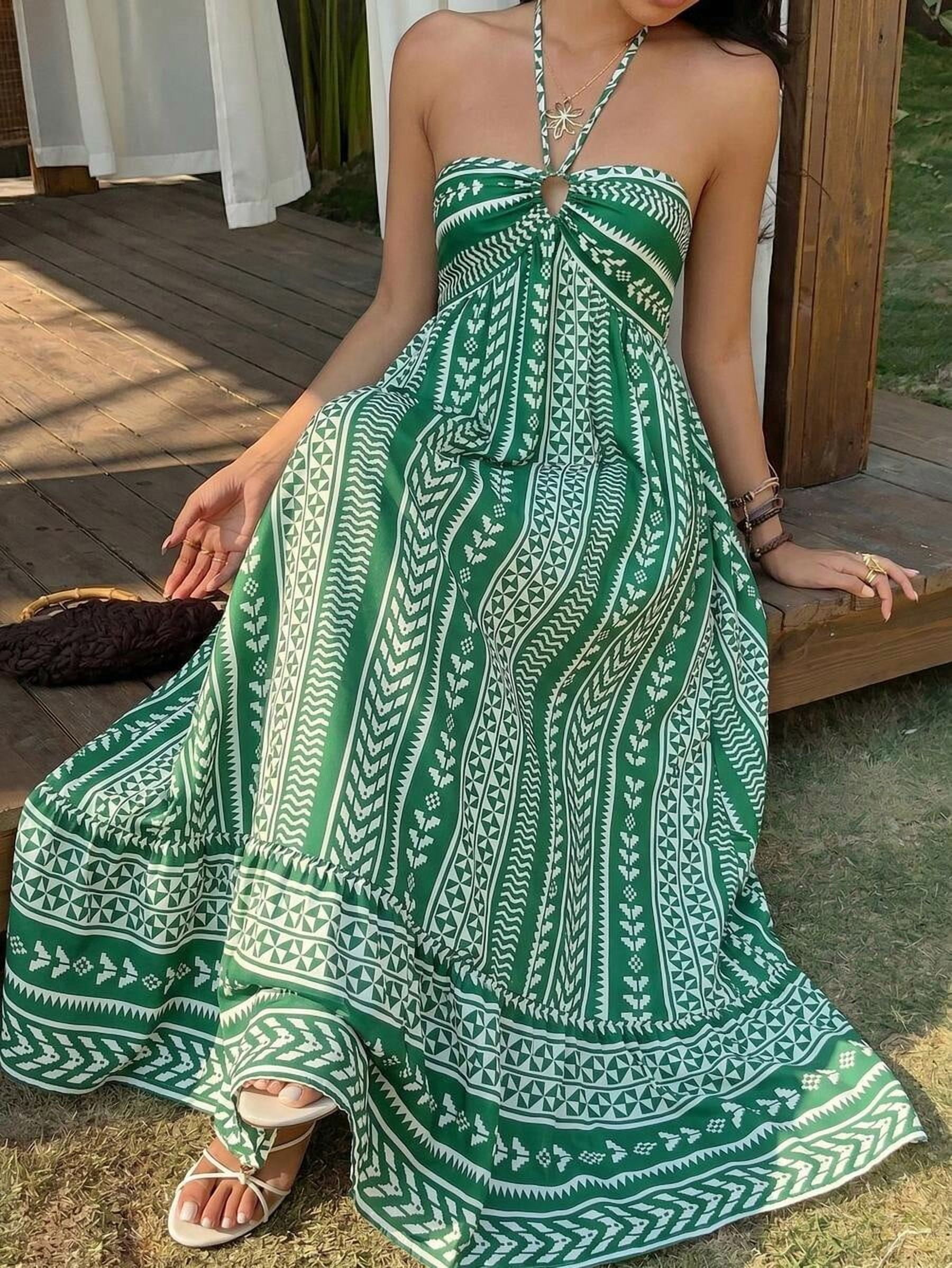 Army Green Halter Tie Front Maxi Dress With Tribal Geometric Print ...