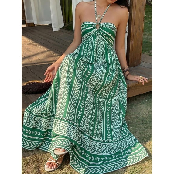 Army Green Halter Tie Front Maxi Dress With Tribal Geometric Print ...