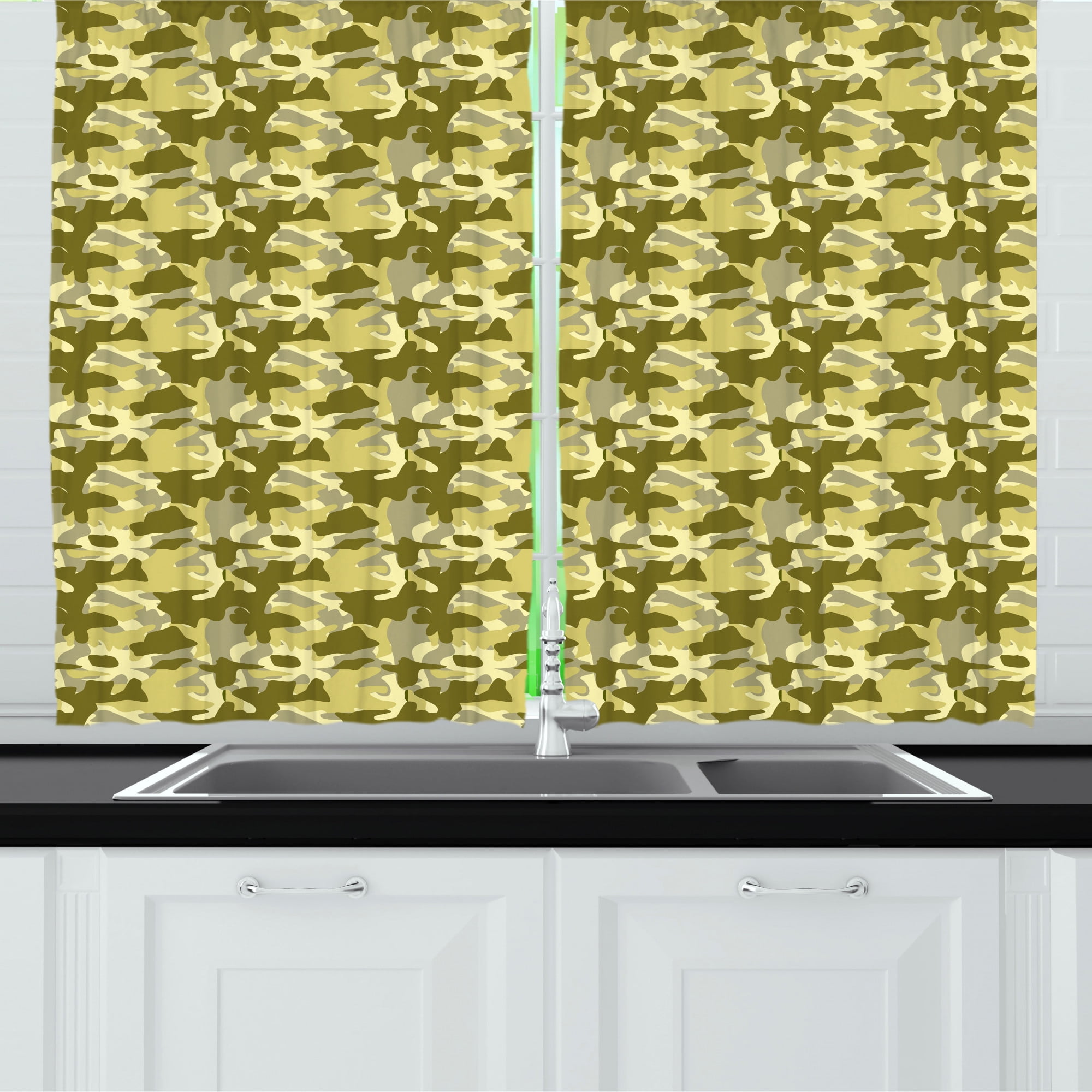 Army Green Kitchen Curtains, Camouflage Pattern Nature Themed Design in ...