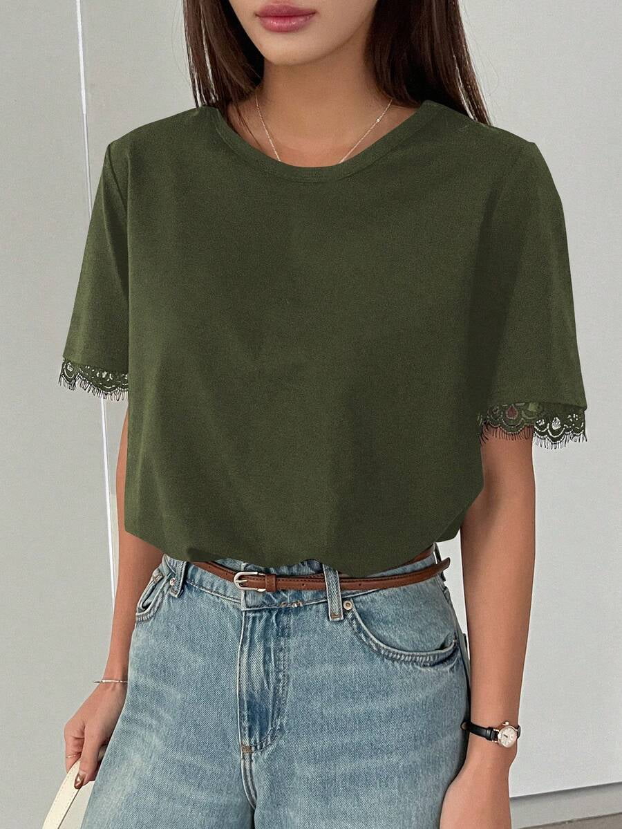 Army Green Lace-Trimmed Crew Neck Loose Short Sleeve T-Shirt For Women ...