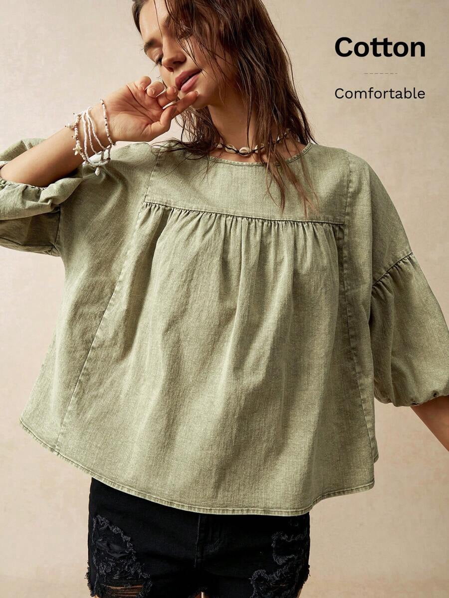 Army Green Loose Fit Womens Puff Sleeve Cotton Blouse With Ruched Yoke ...
