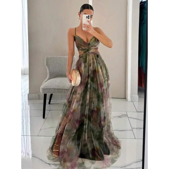 Army Green Mesh Print Spaghetti Strap Maxi Dress With Cutout Waist For ...