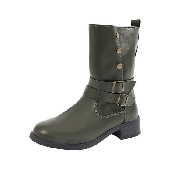 Army Green Mid-Calf Boots For Women Round Toe With Buckle Detail Chunky ...